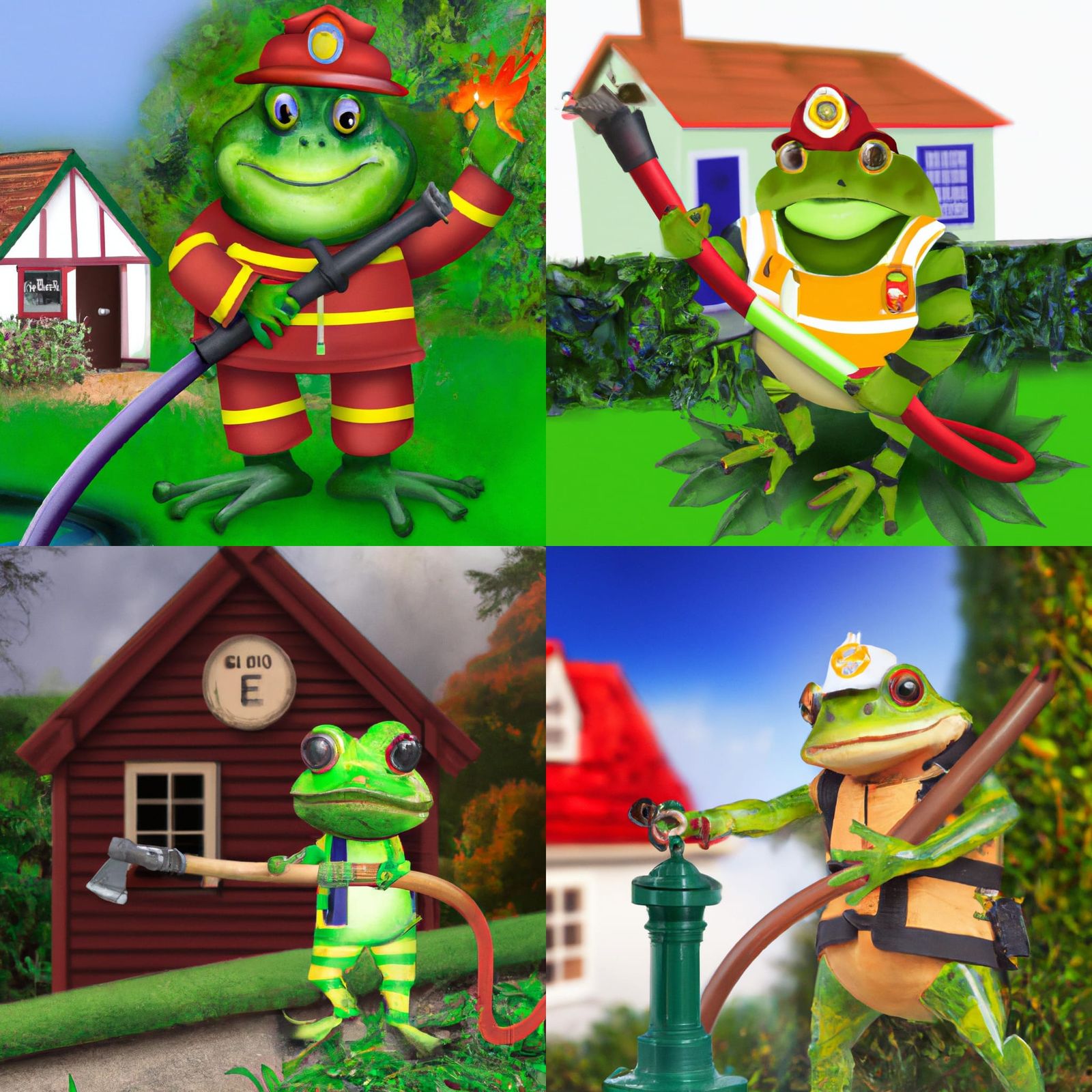 anthropomorphic-frog dressed as a fireman. Holding a hose and using it ...