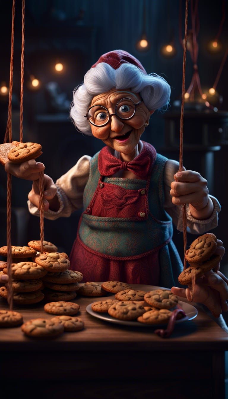 A friendly grandma string puppet with a plate of cookies - AI Generated ...