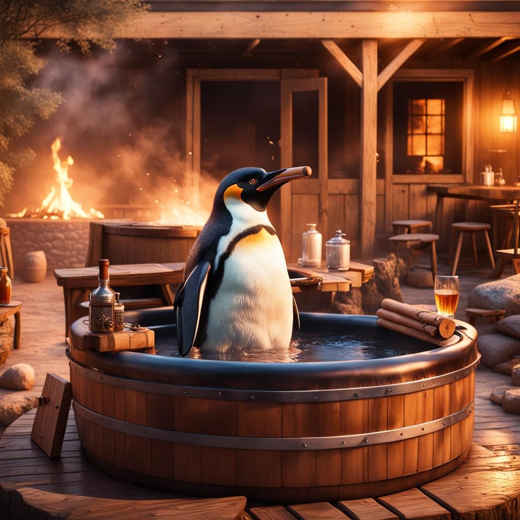 wood fired hot tub, penguin smoking cigar - AI Generated Artwork ...
