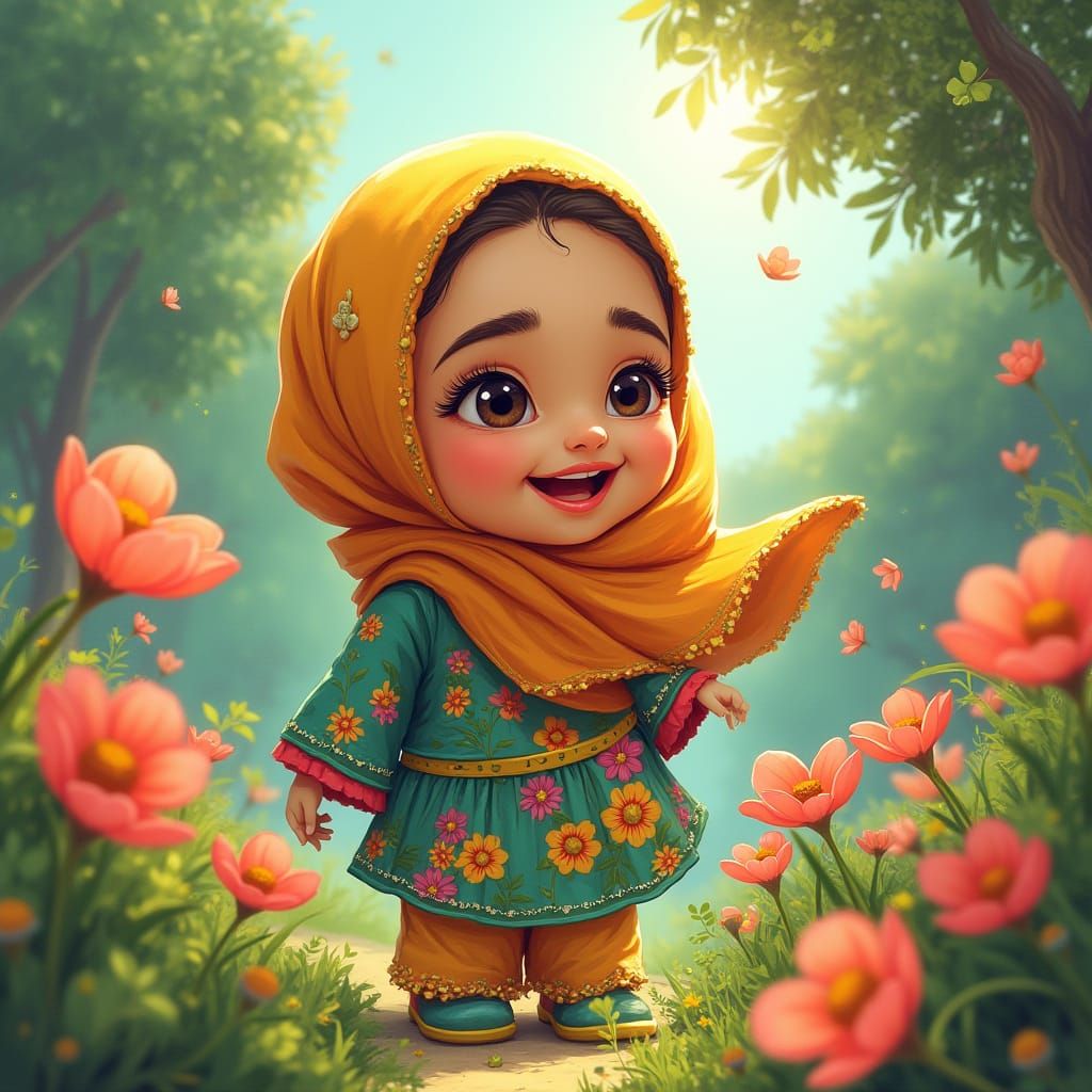 Young Arab Girl Plays in a Whimsical Garden - AI Art