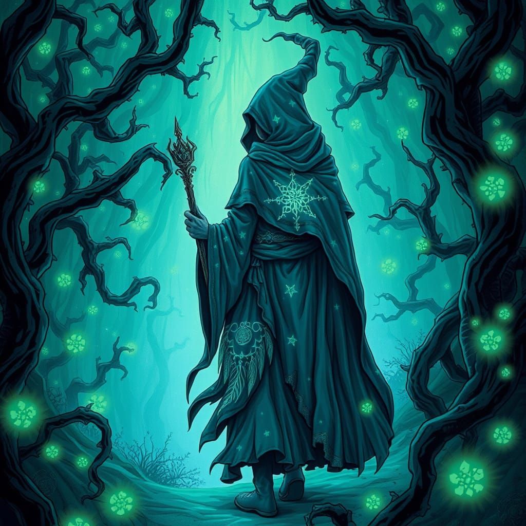 A mysterious mage wandering through a luminous forest.