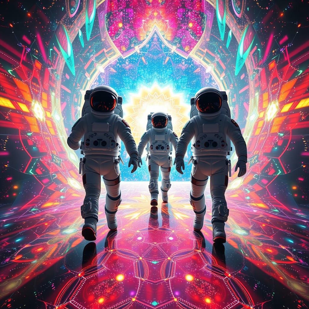 A team of astronauts stepping into a quantum rift, with bodies ...