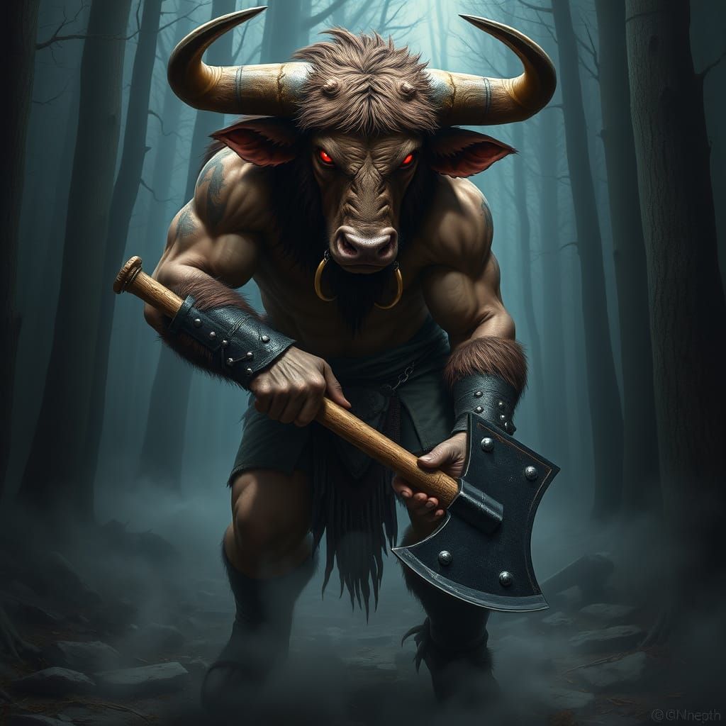 hyper detailed, hyper realistic, male with muscles, head of a bull ...