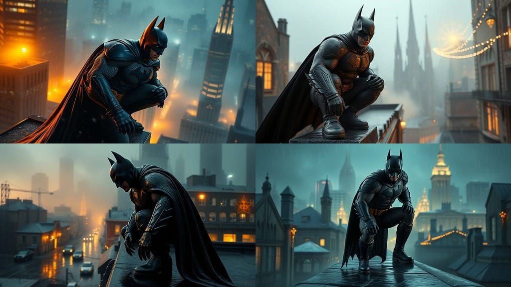 A hyper-realistic, intricately textured 3D Batman crouches on the rain ...