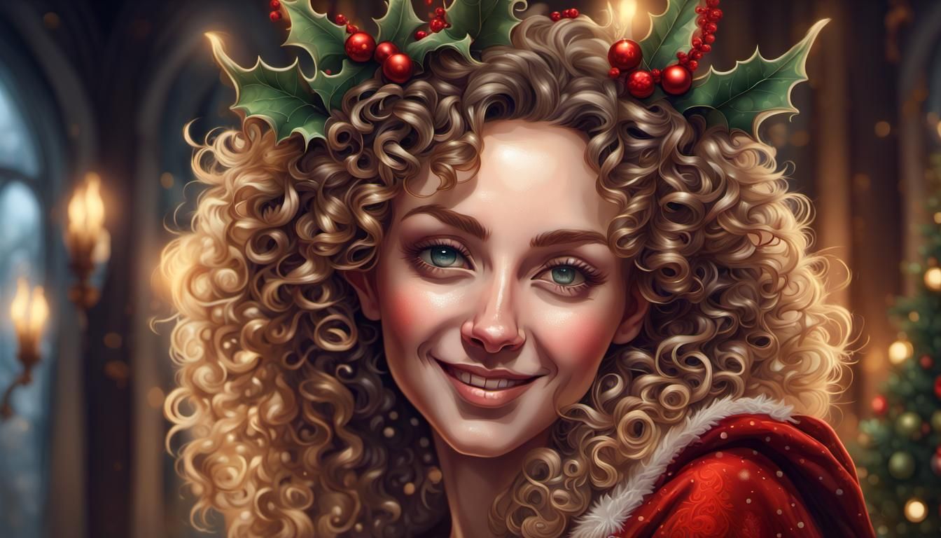 Gorgeous curly Haired Christmas woman, finely detailed, festive, merry ...
