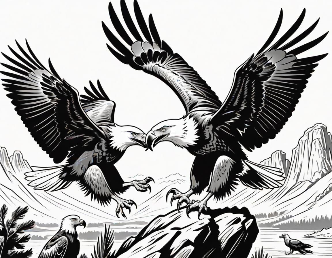 Eagles attacking vultures. Black and white coloring page line drawing.