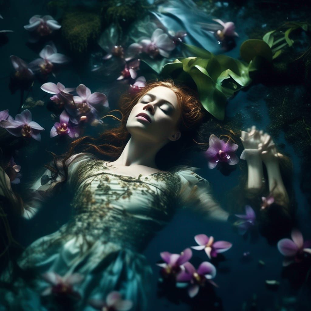 Ophelia from 'Hamlet' laying under water in a swamp, dead, beautiful ...