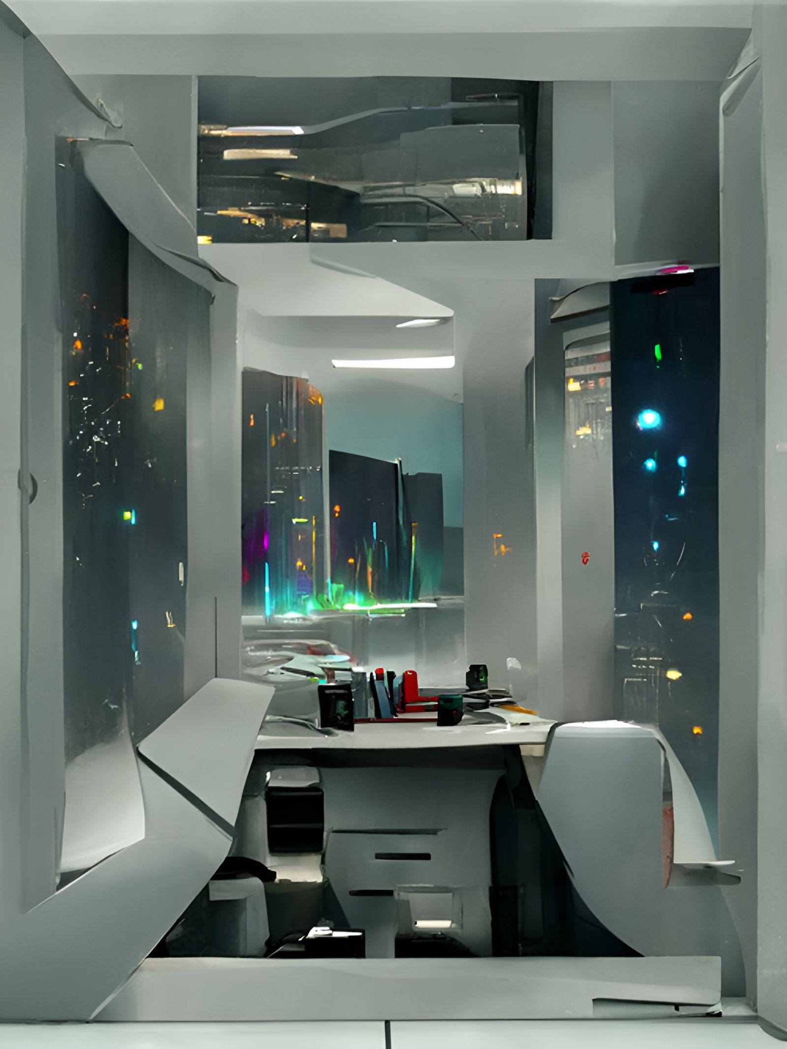 Liminal office space: cubicle 18 has a view of the city - AI Generated ...