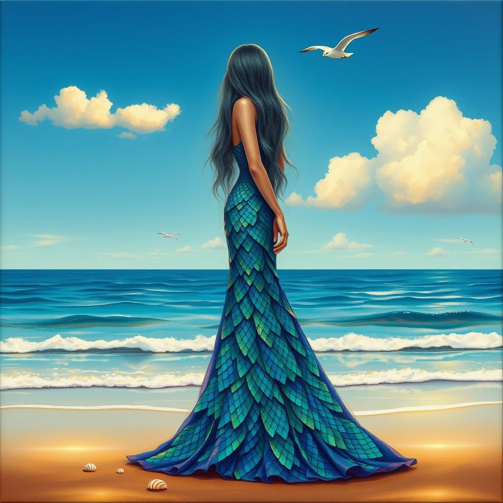 Ethereal Lady by the Seashore in Iridescent Hues - AI Art