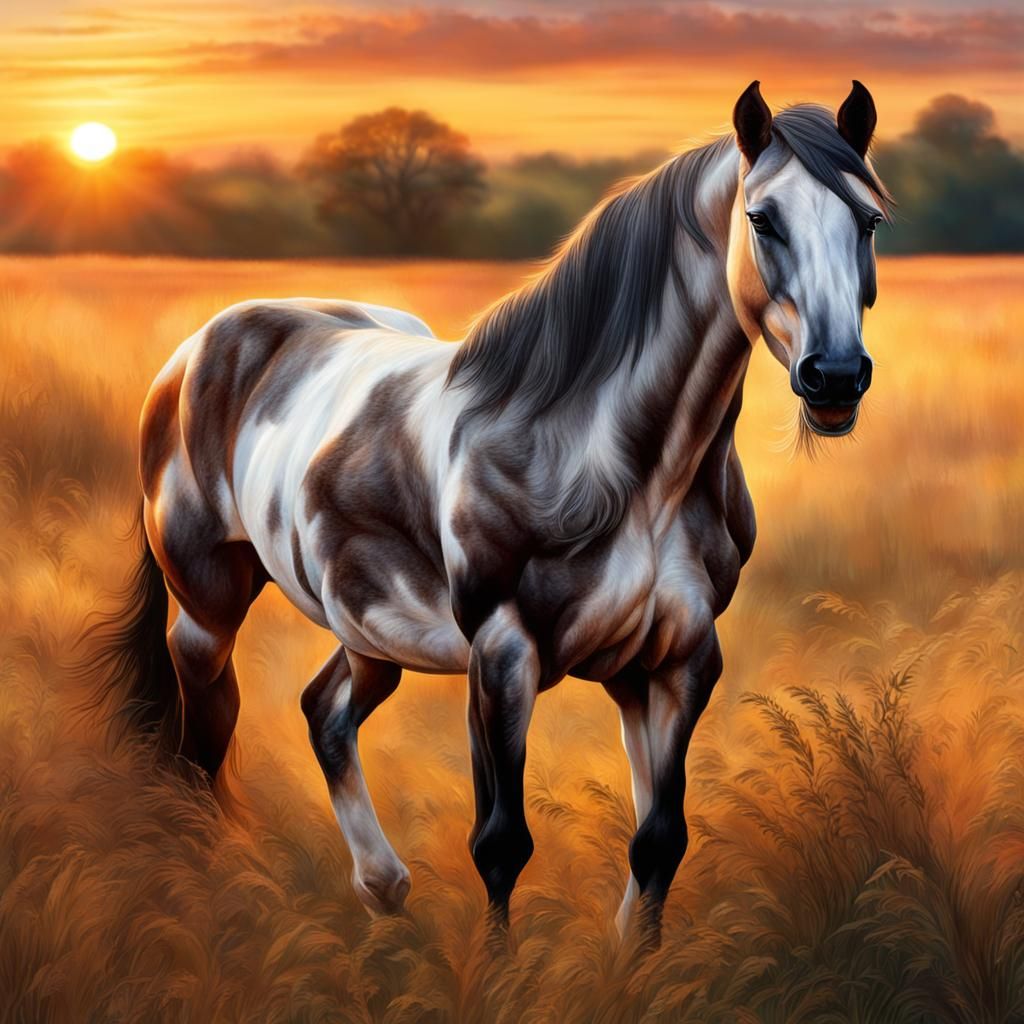 A beautiful stalion, in a field with a gorgeous sunset hyperrealistic ...
