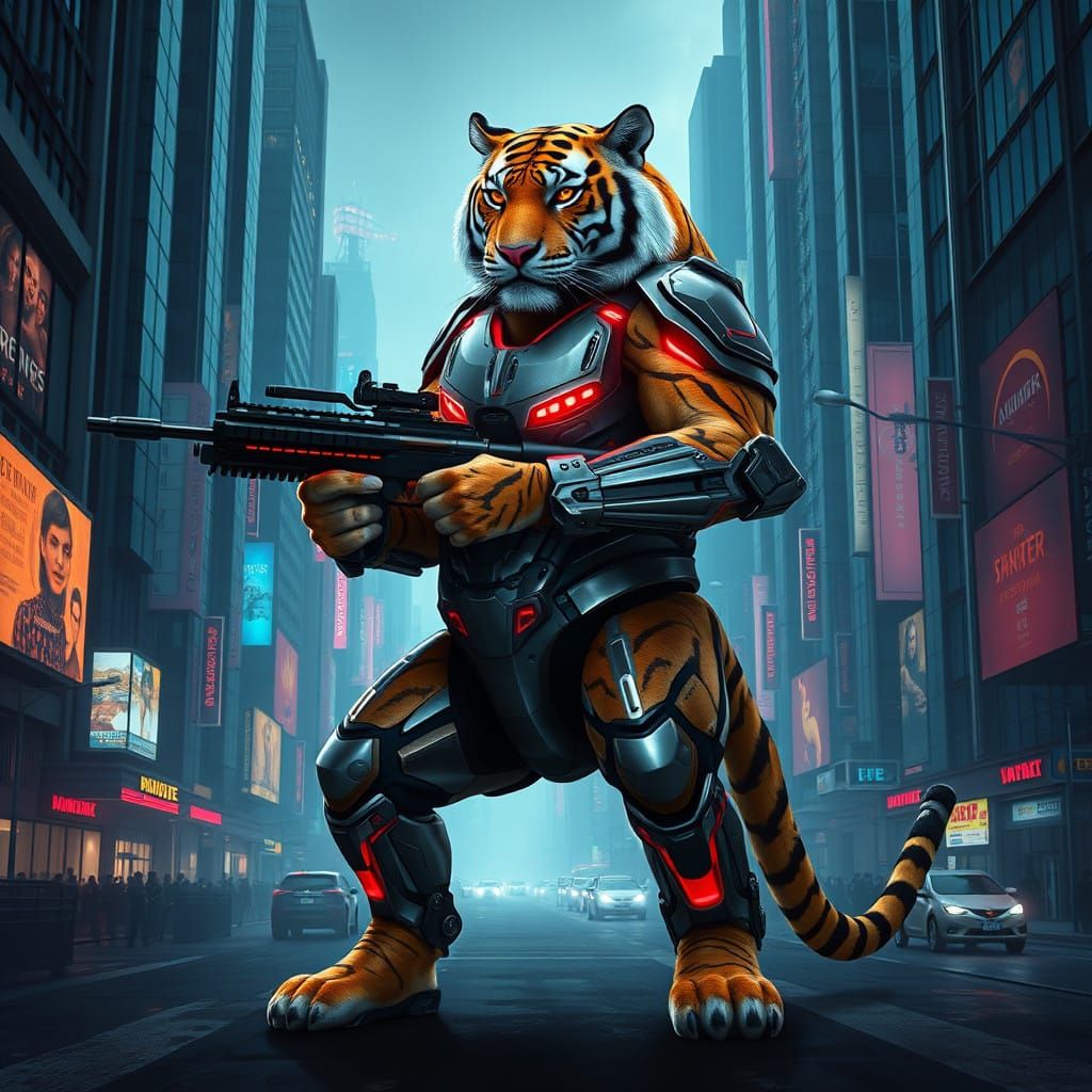 Cyberpunk Tiger - Cyberpunk Tiger in High-Tech Exosuit