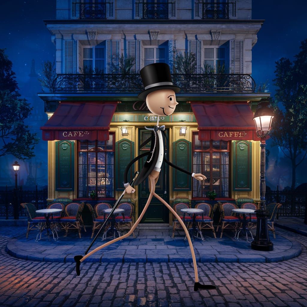 Surreal Stickman Runs through Night Café in Paris ... - AI Art