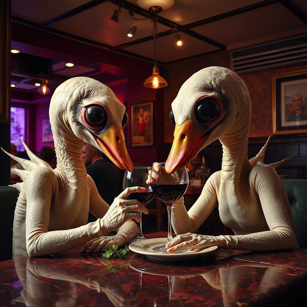 birds in love - Whimsical Swan-Humanoid Couple in a Vibrant,...