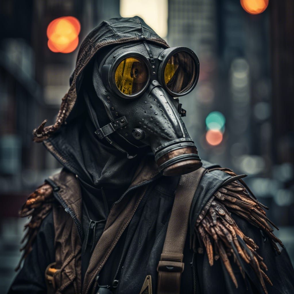 Dystopian plague doctor hazmat suit bird beak respirator in post ...
