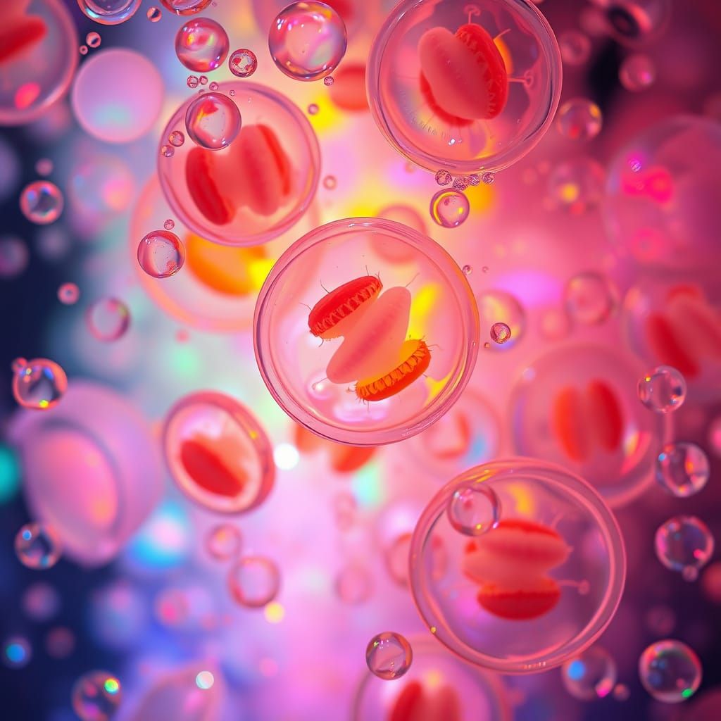 Vibrant Cells in Iridescent Bubble Environment - AI Art