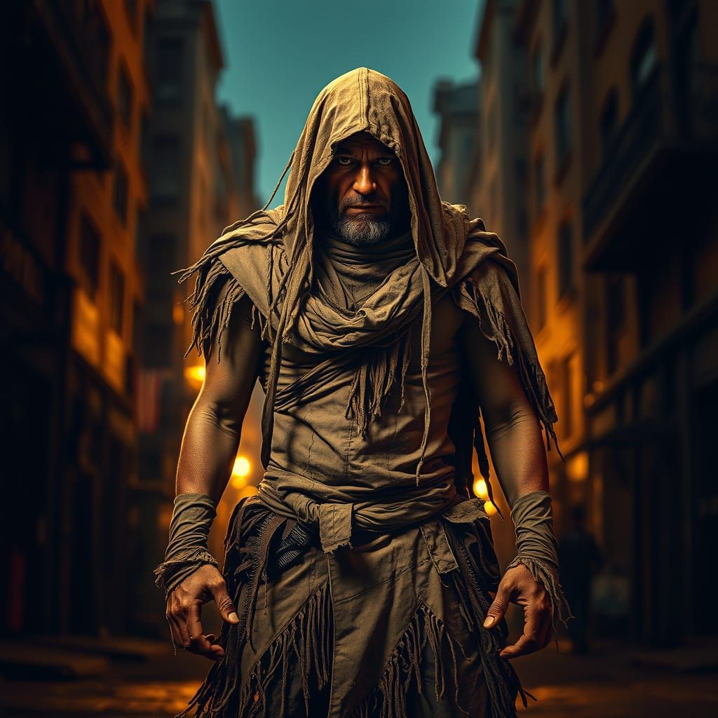 Gritty Urban Hero in Earth-Toned Rag Costume - AI Art