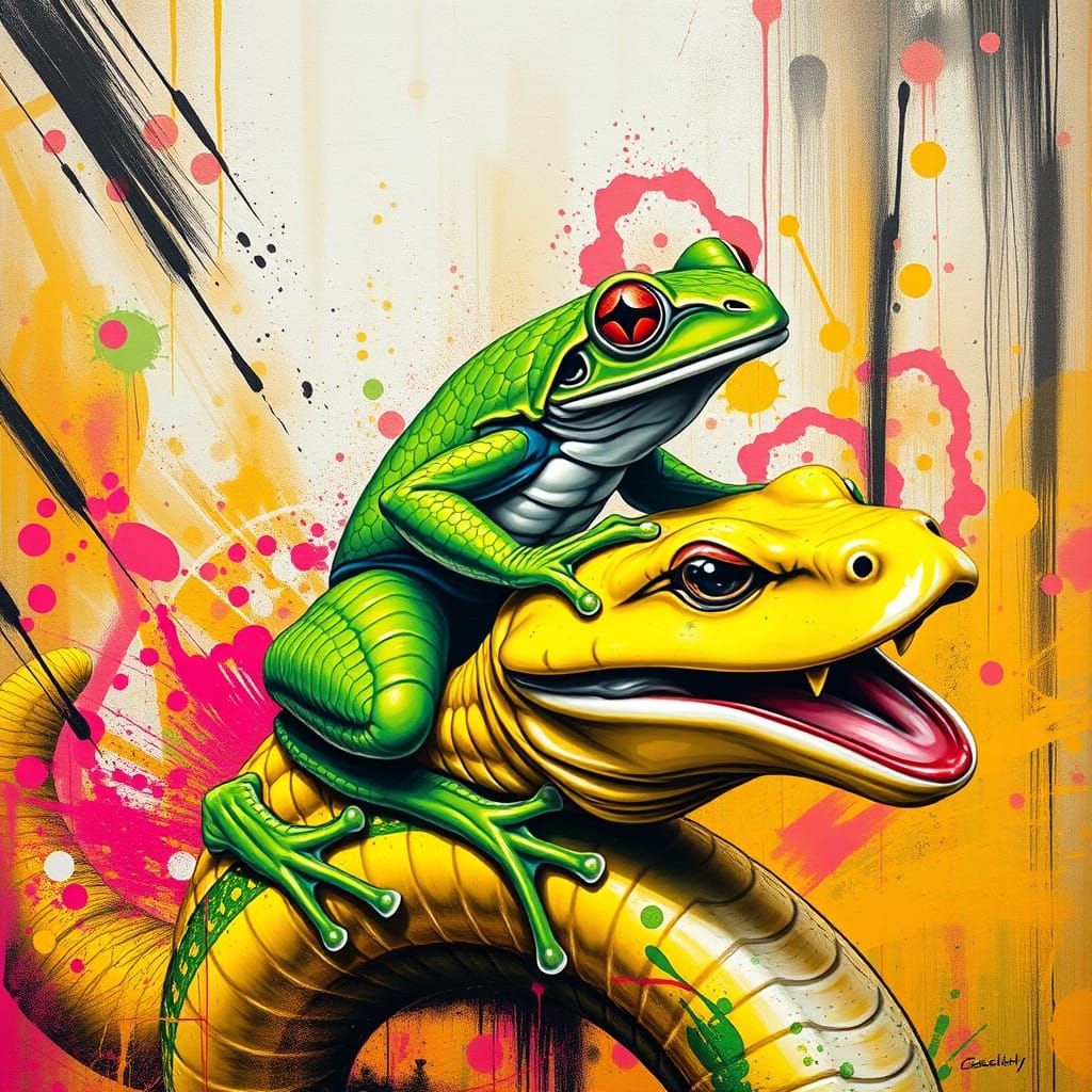 Electric Frog Rides a Thunderbolt Snake in Vibrant... - AI Art