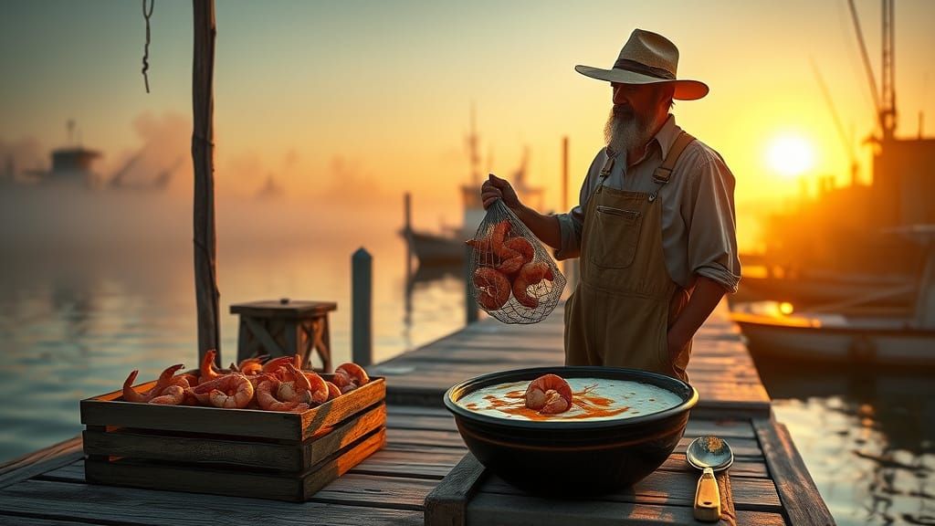 A scene of an old Southern fishing dock at sunrise.