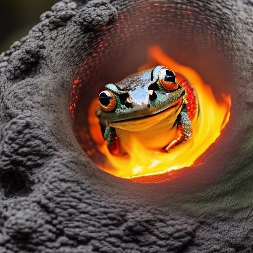 Cute frog inside glass globe floating in lava lava fire of bursting ...