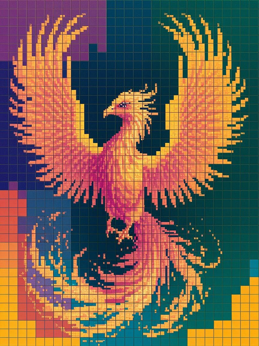 Phoenix - Vibrant Phoenix Rises from Pixel Art Tapestry