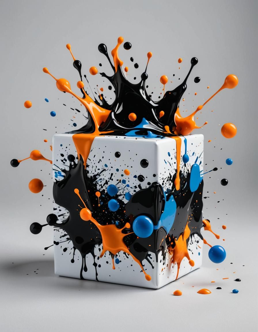 Ink Splatter Art : Cube - Vibrant Splatter Art on a White Cu...