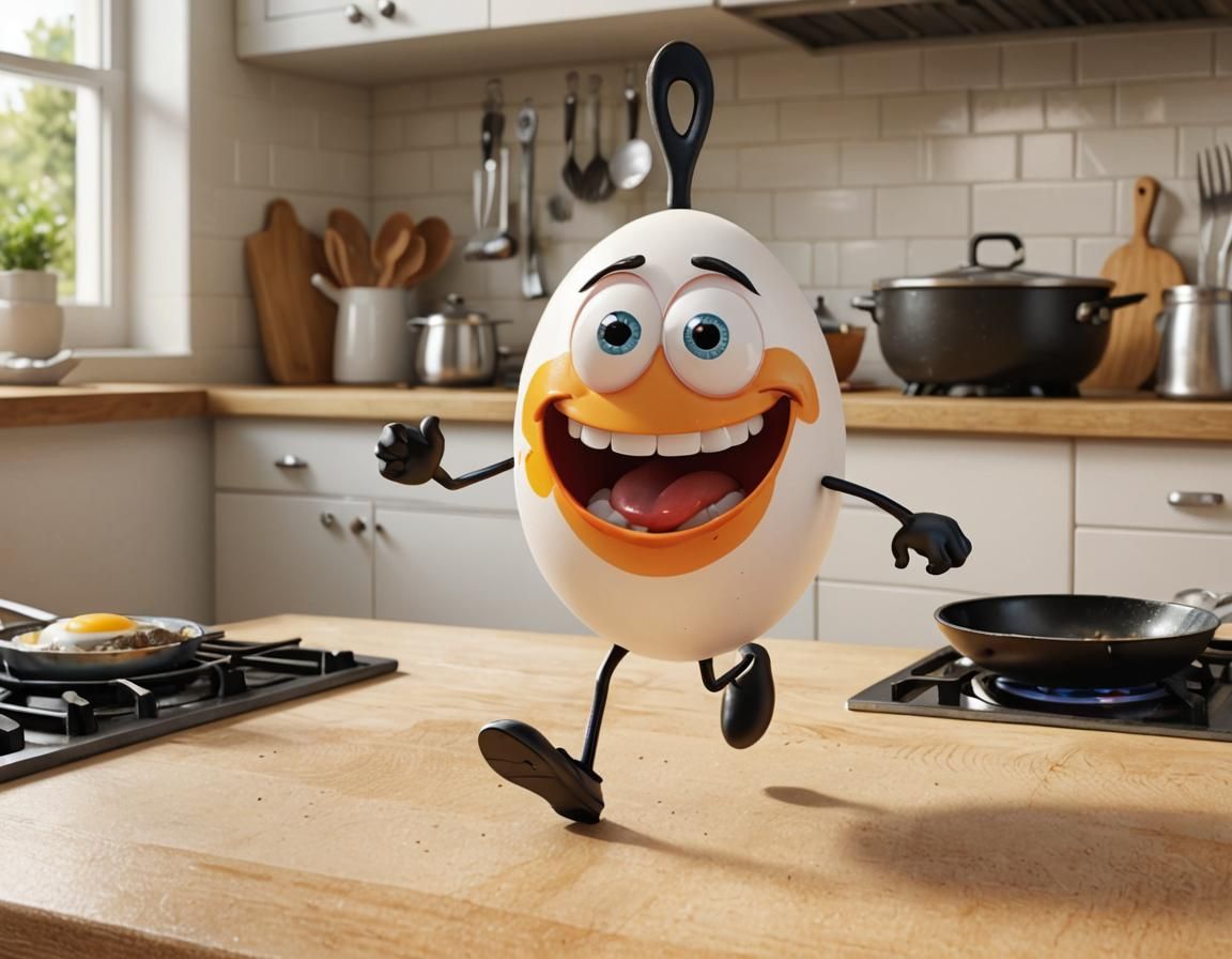 A cartoon egg running as fast as he can, the egg has a fearful cute ...