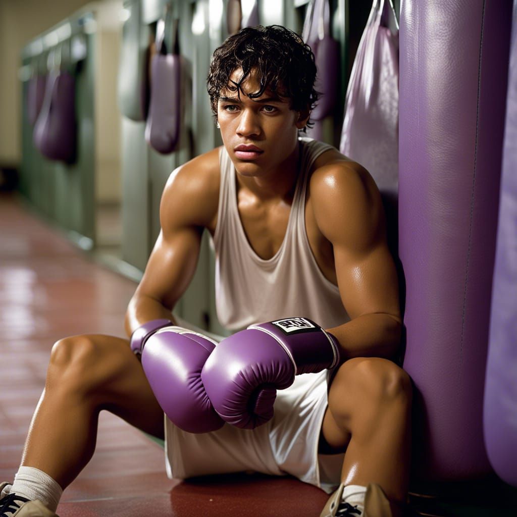 Youthful boxer, weary, muscles tell his fight — lilac gloves, sweat and ...