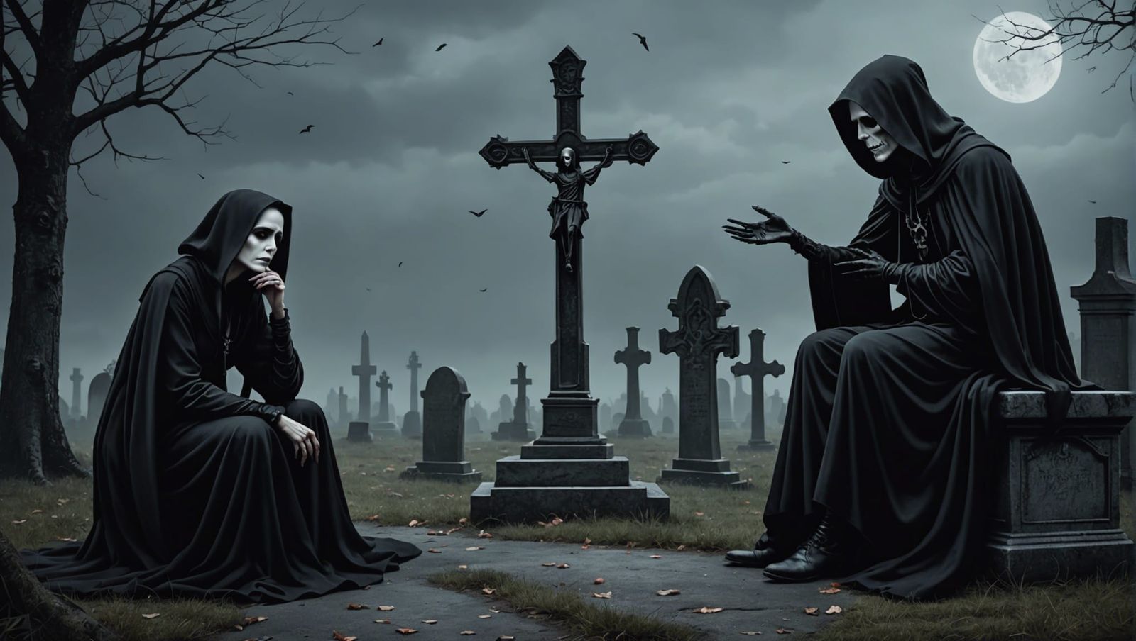 A sad gothic woman pleading and requesting the Grim Reaper to look ...