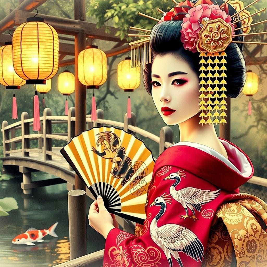 A Captivating Japanese geisha in a vibrant red kimono decorated with ...