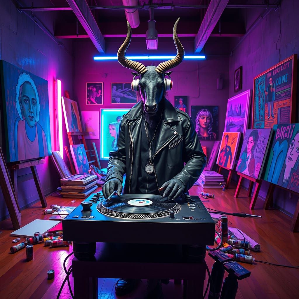 minotaur djing in Pablo Picasso's art studio with neon lights