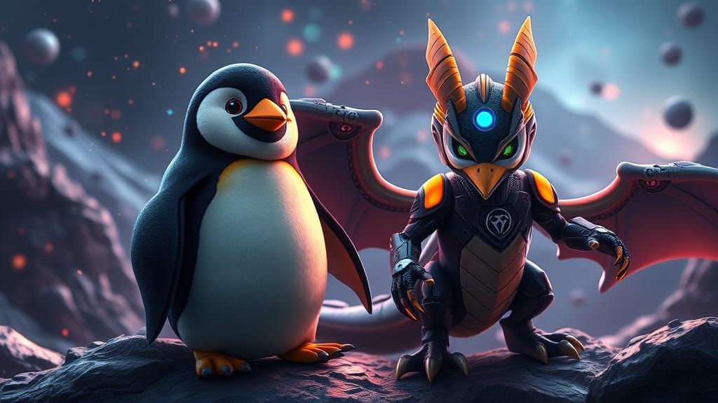 Tux the Penguin, Konqui the Dragon, and F-Droid Bo... - AI Art