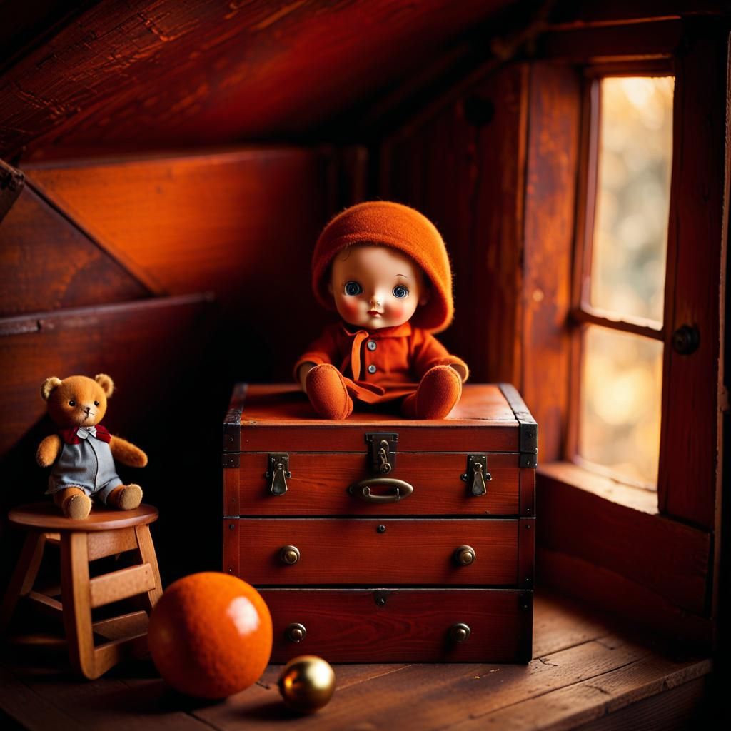 Imagine a doll sitting in an open wooden toys chest overflowing with ...