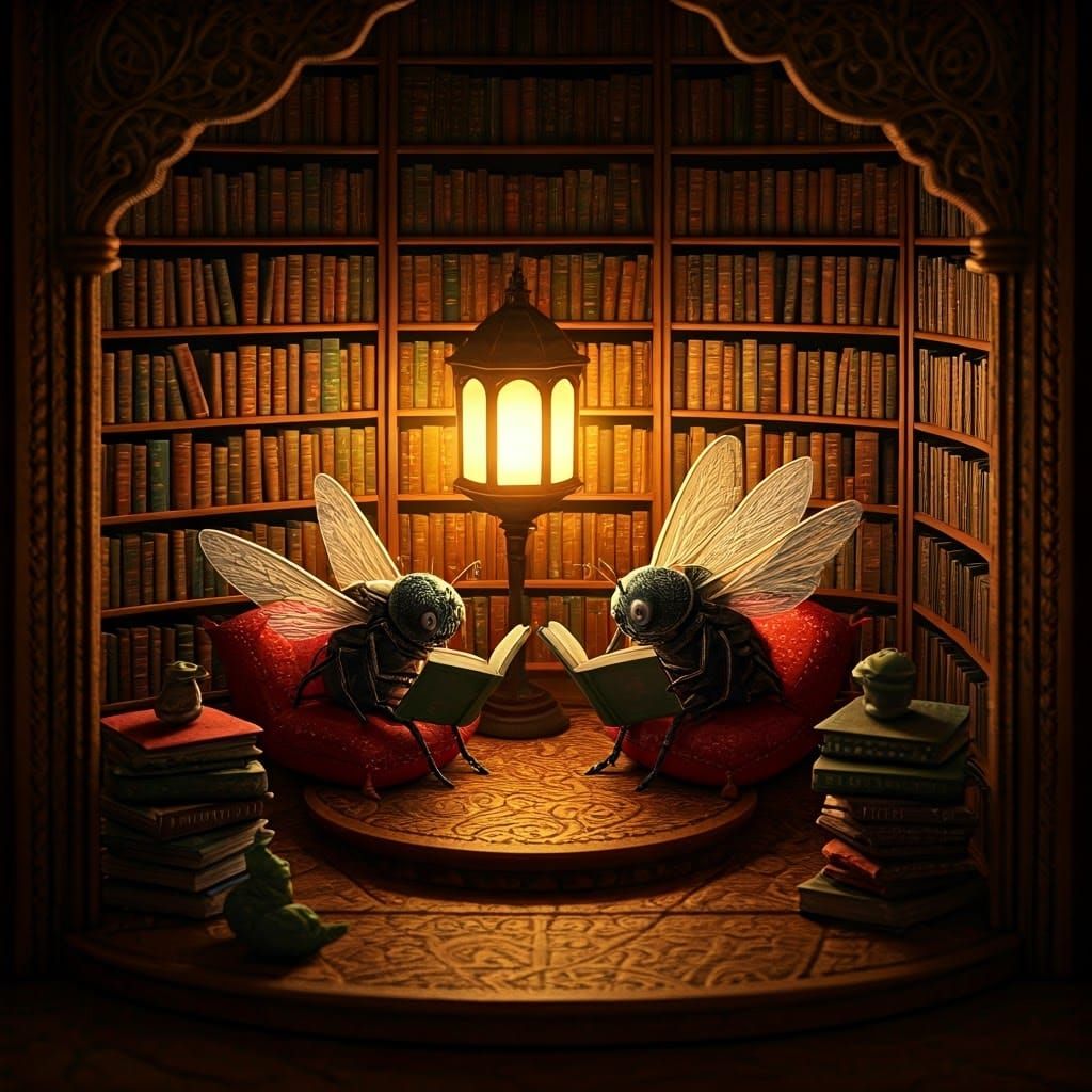 Whimsical Insects in a Cozy Library Setting - AI Art
