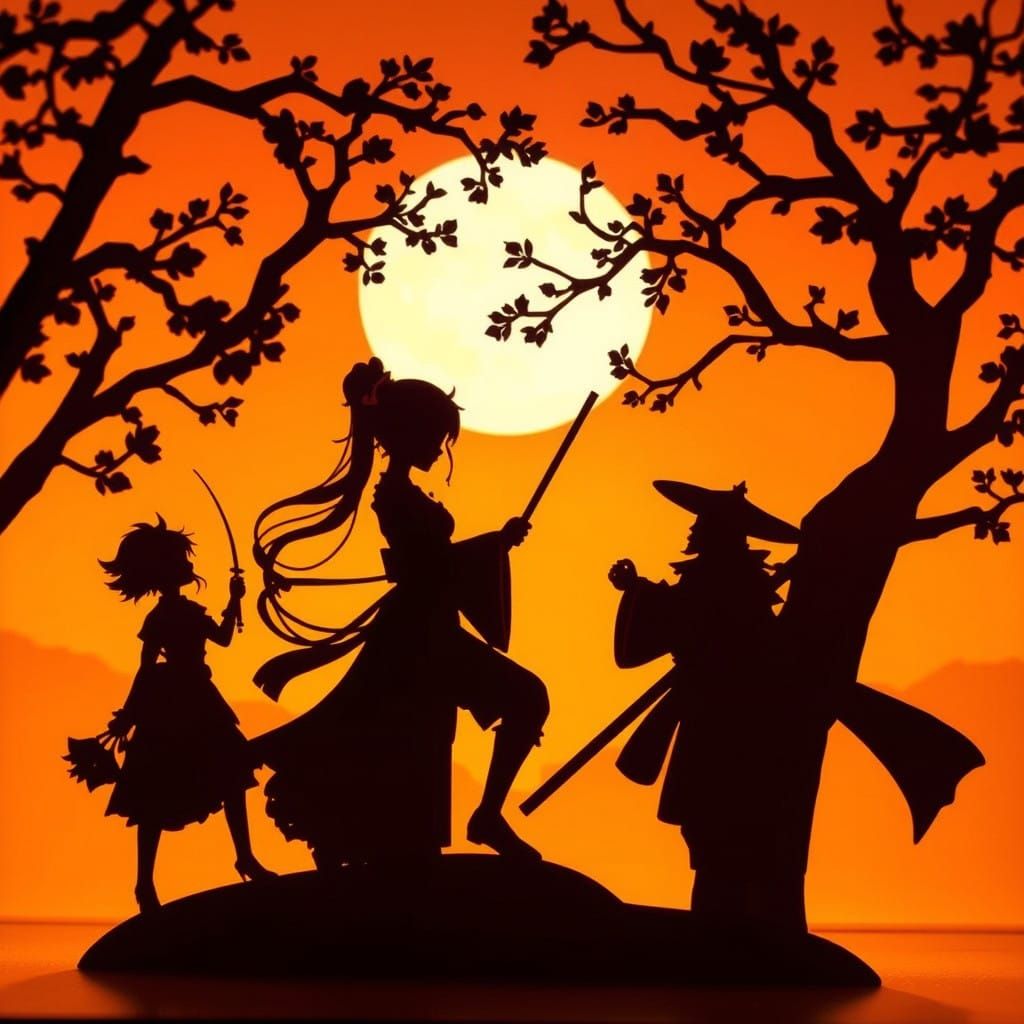 shadow puppetry - Ethereal Shadow Puppetry Scene with Gol...