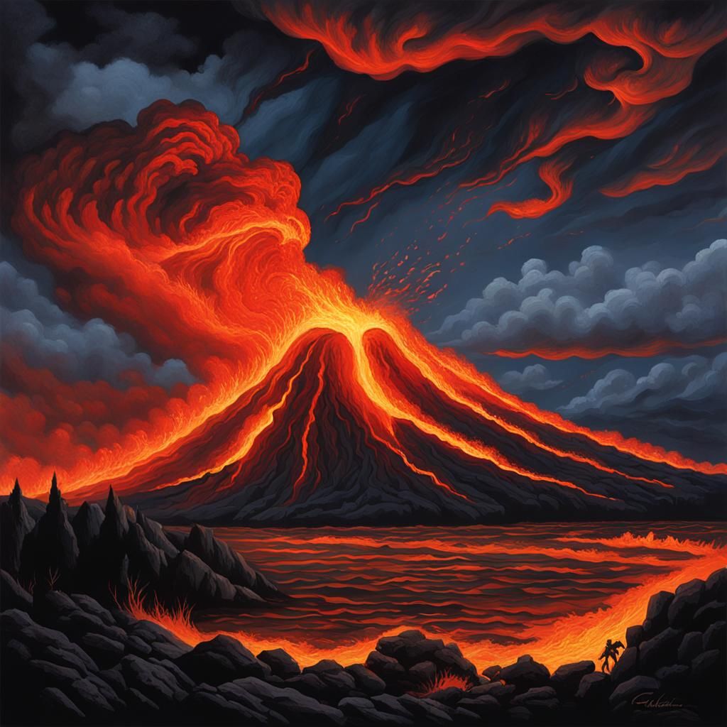 Volcanic Eruption Illuminating the Night: Prompt: "A volcano erupts in ...