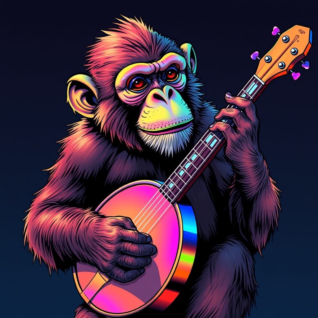 Comic Book Style Iridescent Monkey Plays Banjo in ... - AI Art