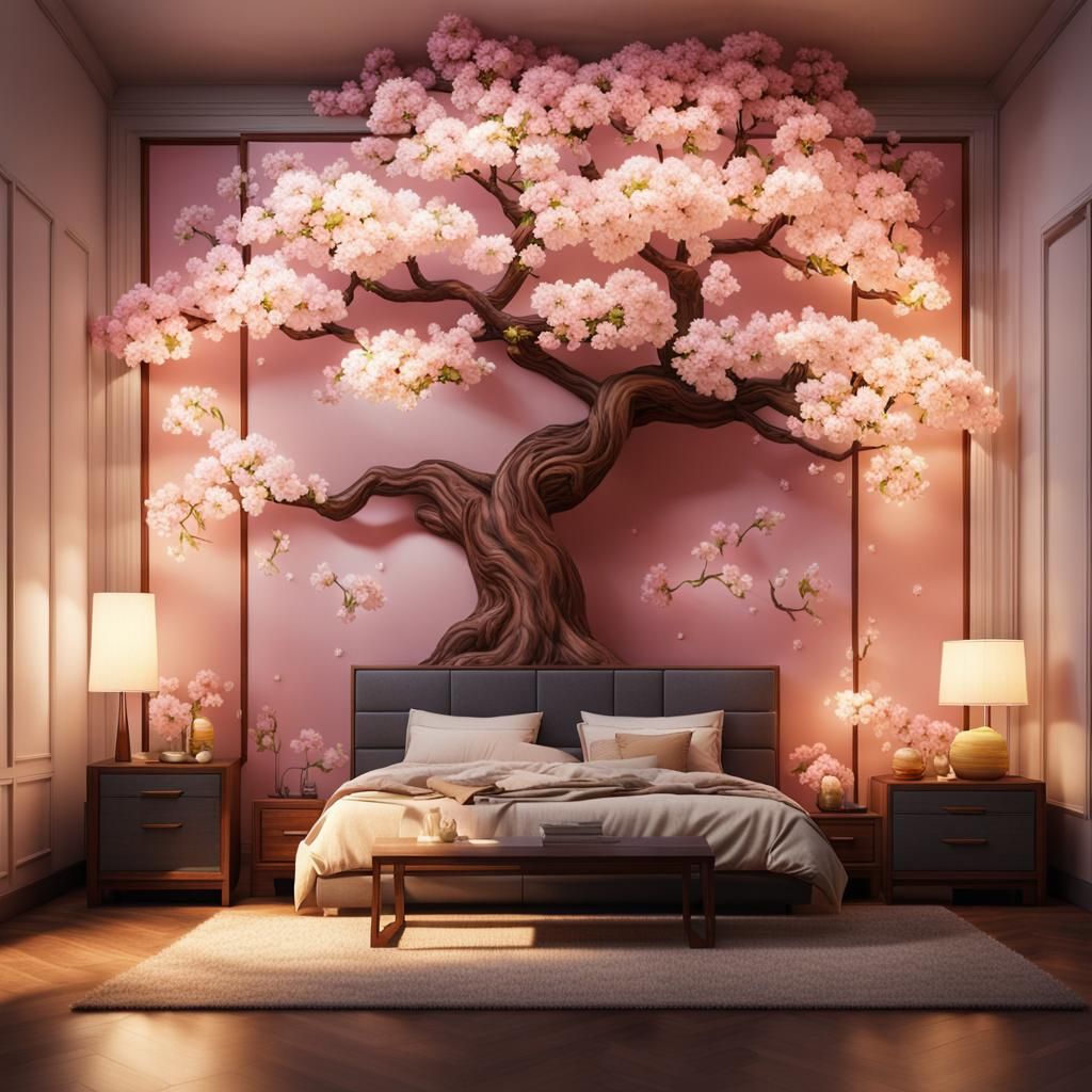 High-class mood bedroom, a multicolored cherry blossom tree growing ...