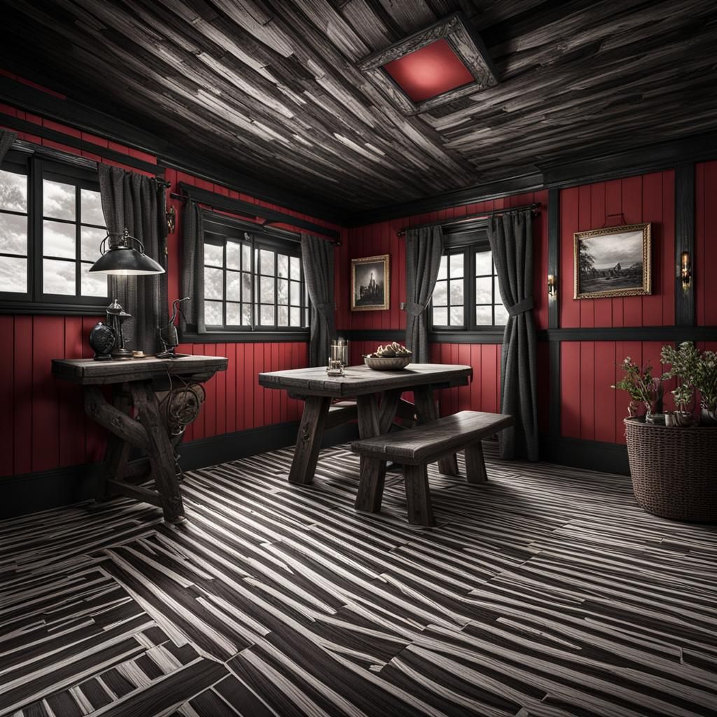 luxury thatched 3 floor cabin black and white flooring and crimson ...