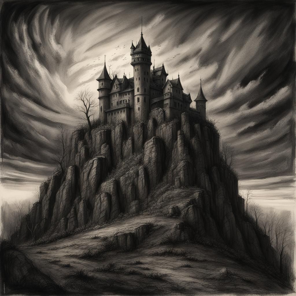Dark foreboding castle on top of a craggy cliff. Stormy woodland. Dark ...