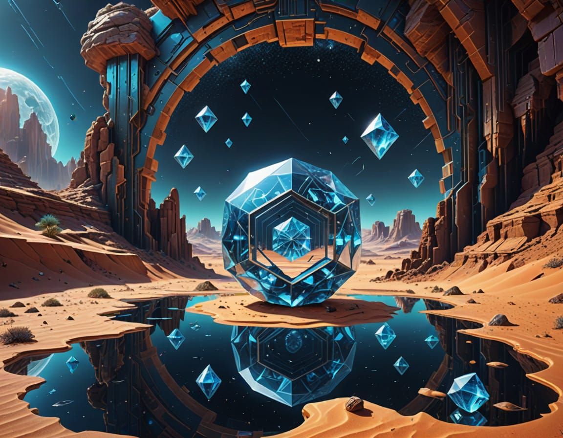 Glimmering Cosmic Oasis in Infinite Blue Crystal - AI Art