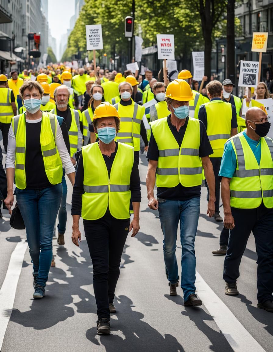 Demonstration on the street for more wages. People with yellow safety ...