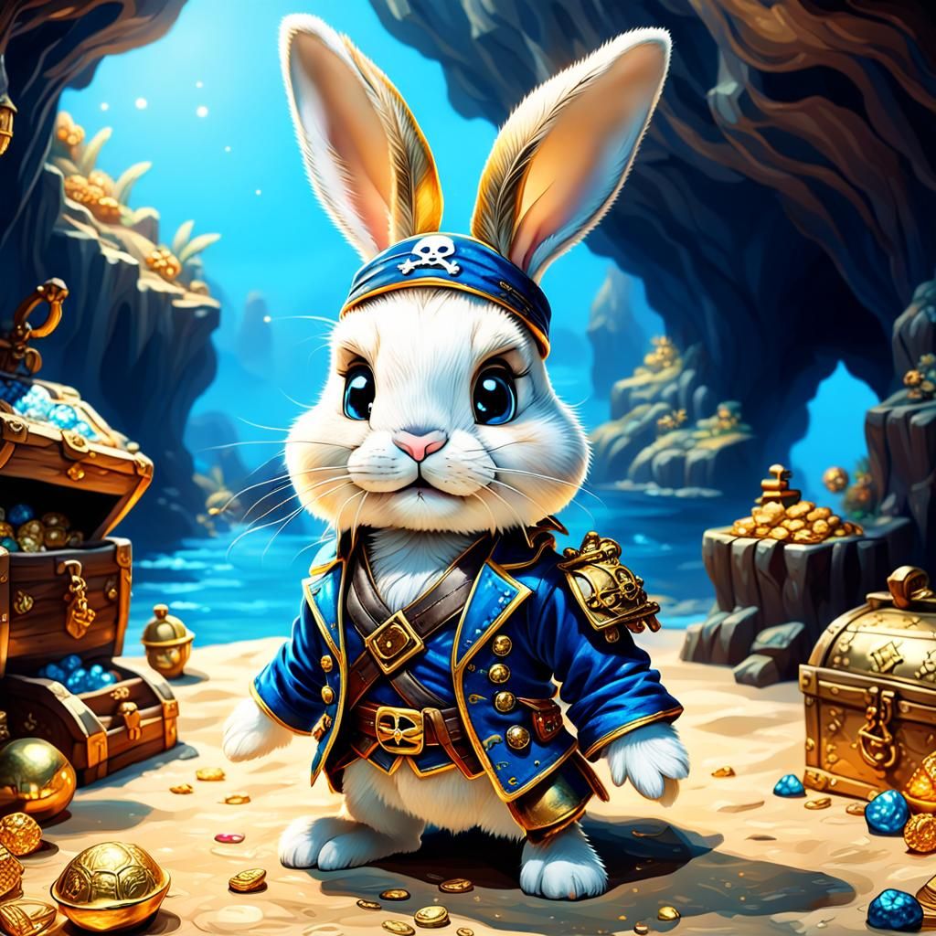 Portrait of a cute bunny in a blue and gold color pirate outfit,scene ...