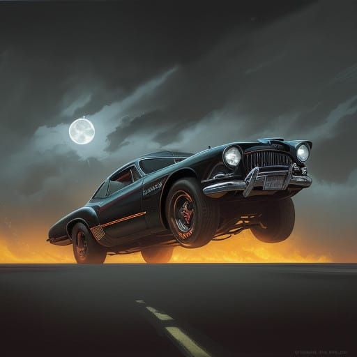 A 1950s American muscle car, sleek and low-slung, with retro-futuristic ...