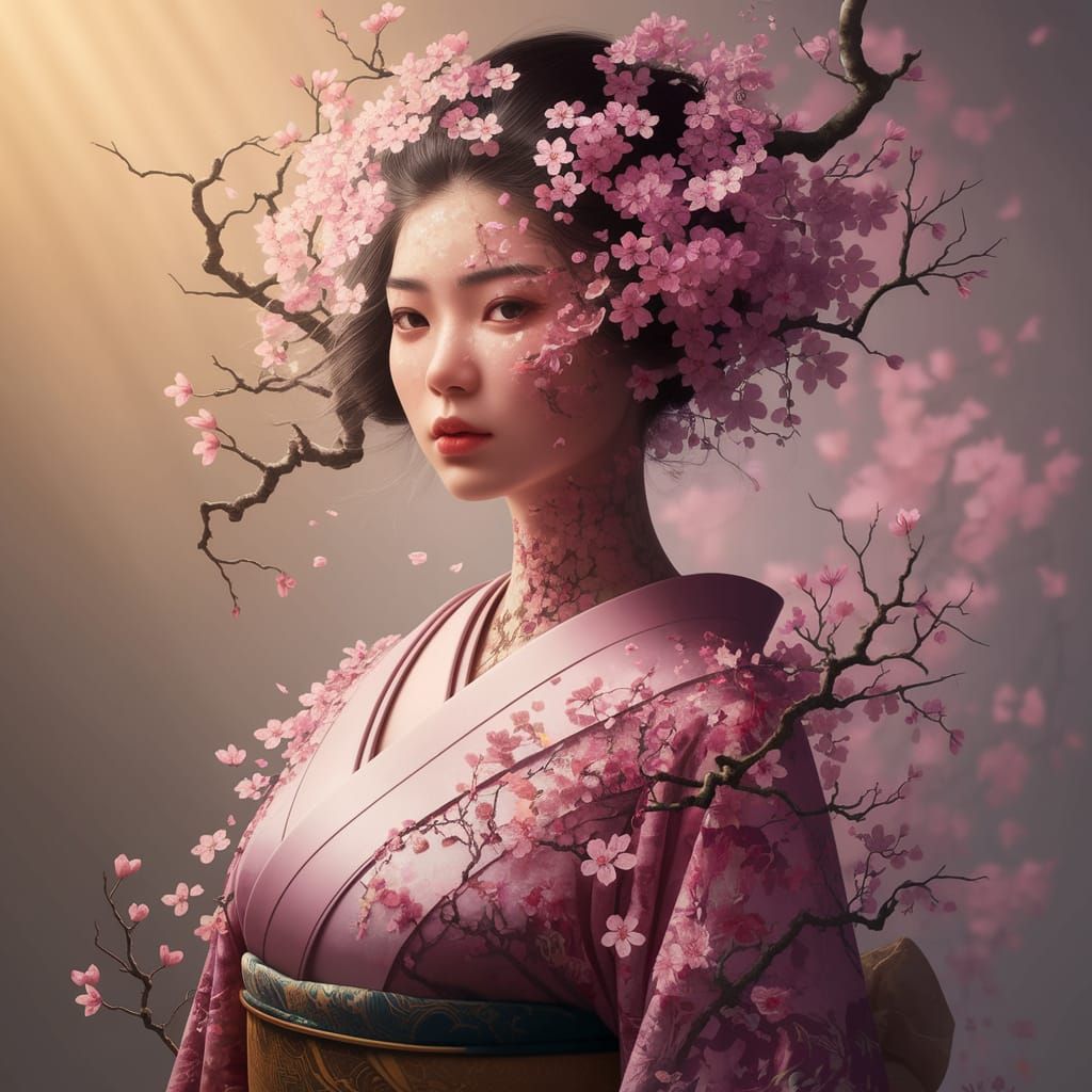 Ethereal Japanese Woman in Blossoming Harmony - AI Art