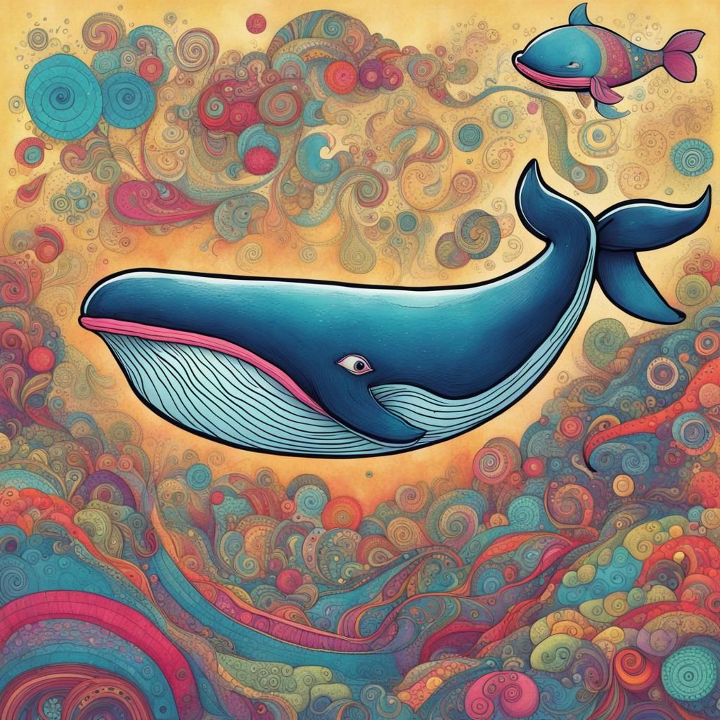whimsical whale with doodles psychedelic art storybook illustration pop ...