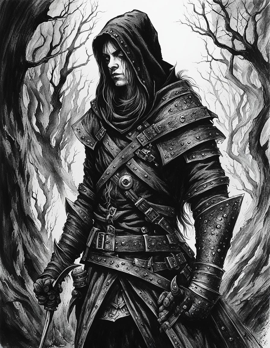 Fantasy Rogue b/w drawing. - AI Generated Artwork - NightCafe Creator