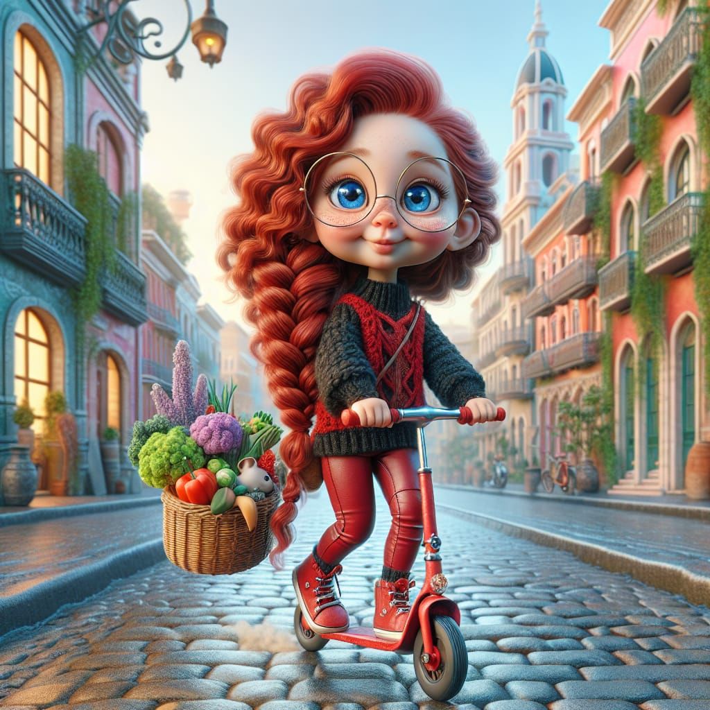 "photorealistic" 3D 24K whimsical 7 year old girl on scooter