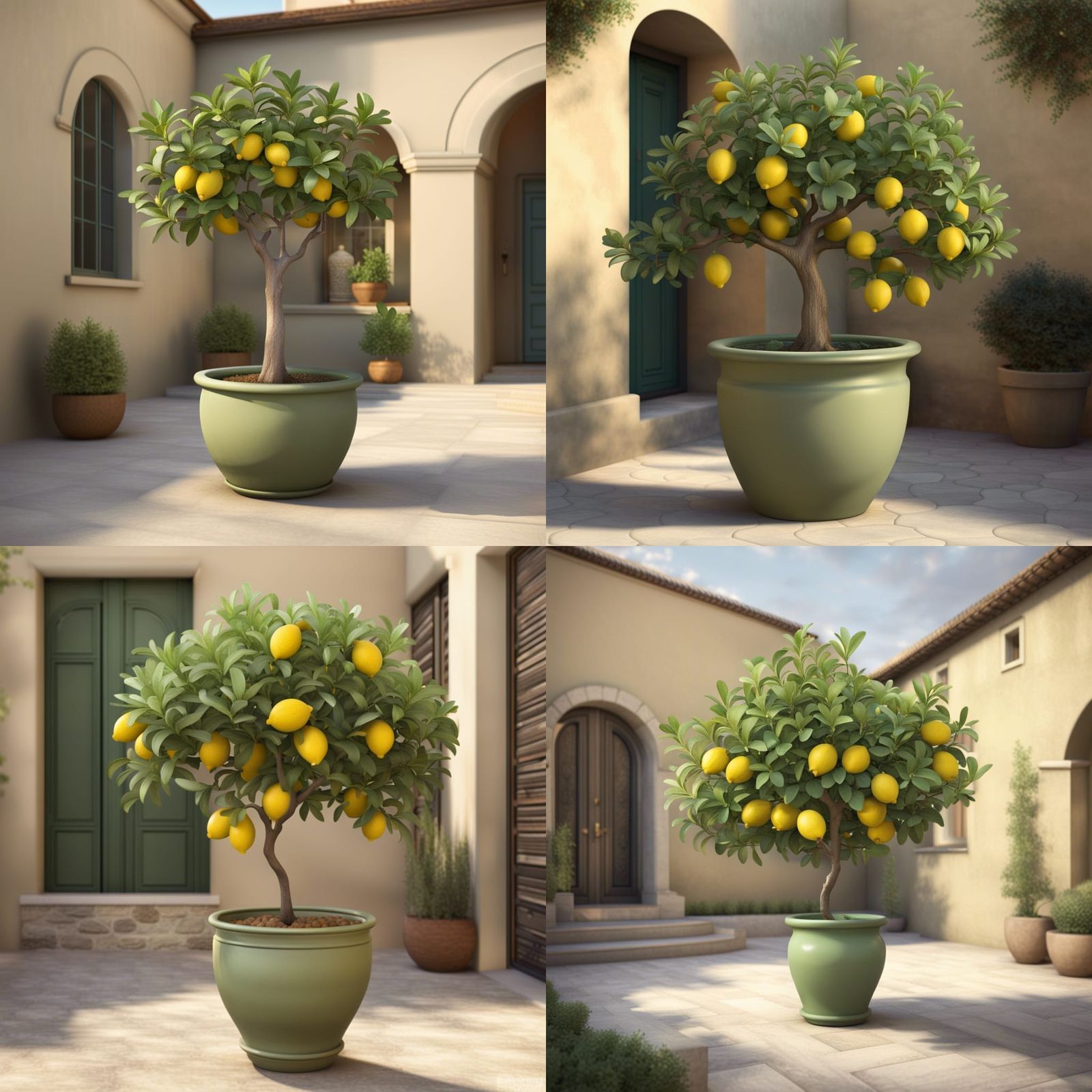 a small lemon tree in a sage green pot in a Mediterranean courtyard in ...