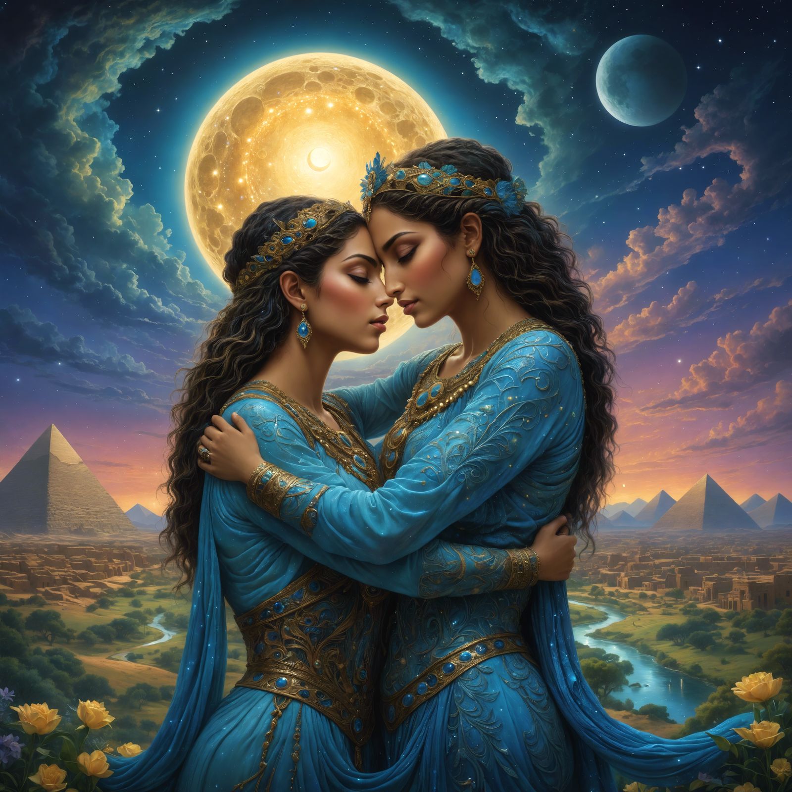 An ethereal embrace in moonlit whispering meadows under a celestial sky ...