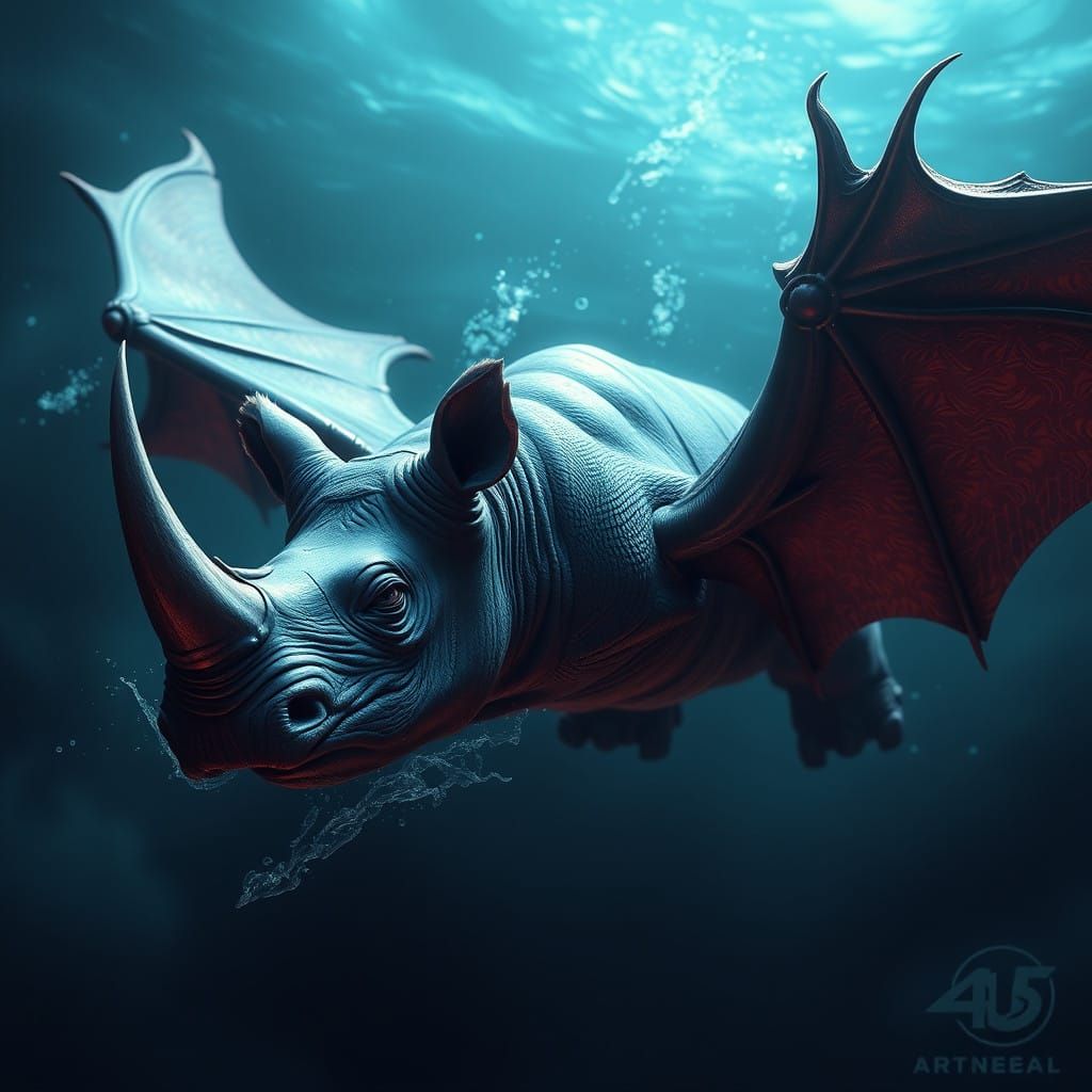 Swimming Rhino Bat - Surreal Rhino Splashes in a Deep Fantas...